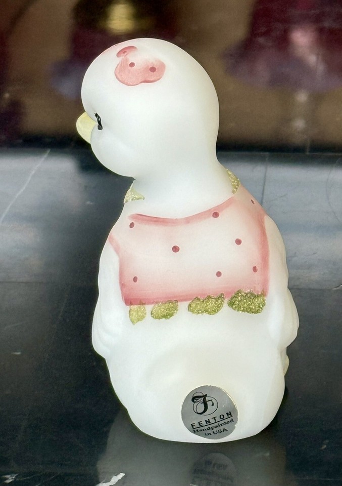 QVC Fenton Glass Figurine Duck Duckling Opal Satin w HP Pink Polka Dots ...