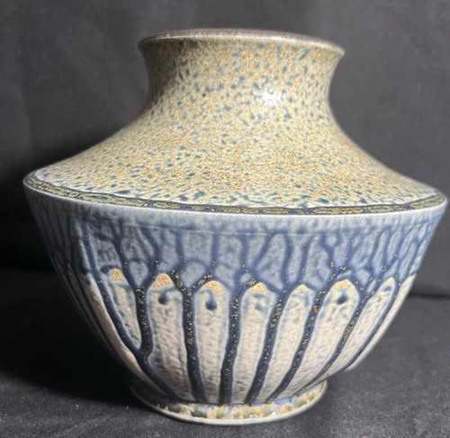 2011 Frank Stofan Wood Ash Glazed Pottery Vase Blue Trees $80 Firm! | eBay