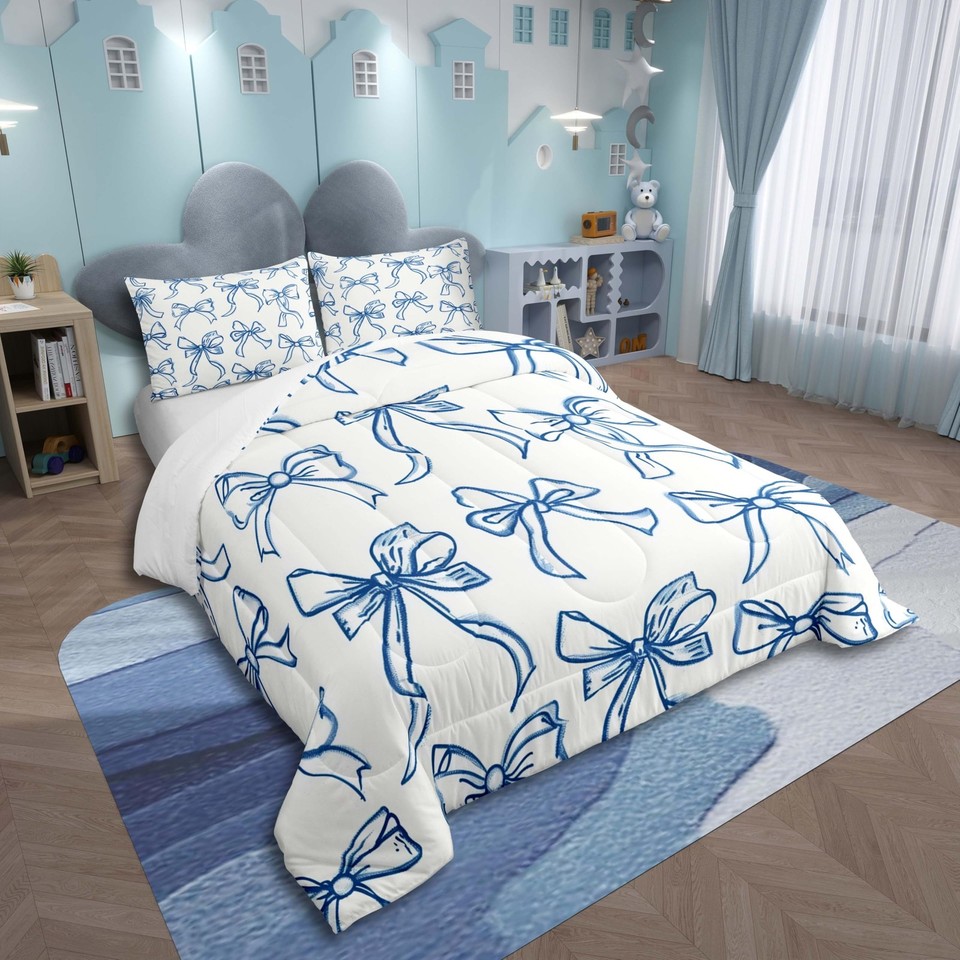 Blue Bow Bedding Set Cute Bowknot Comforter Set for Kids Boys Girls ...