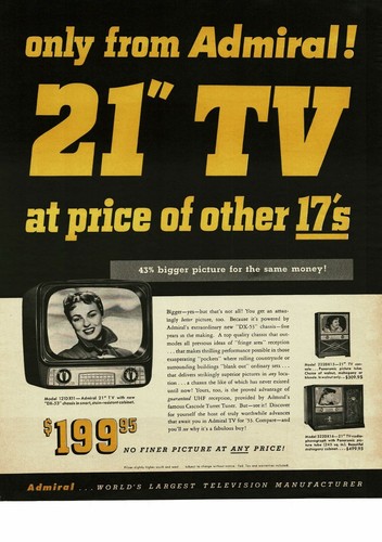 1952 ADMIRAL Television Model 121DX11 21" tabletop TV with price ...