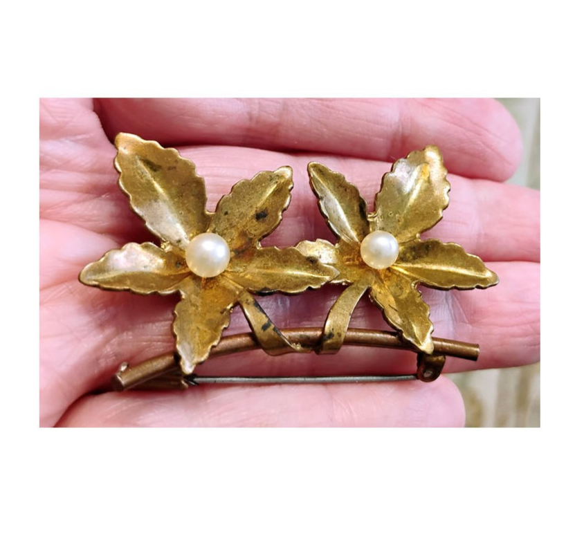 VTG Edwardian Trombone Clasp Double Flower Brooch 1900s Pearl Center ...