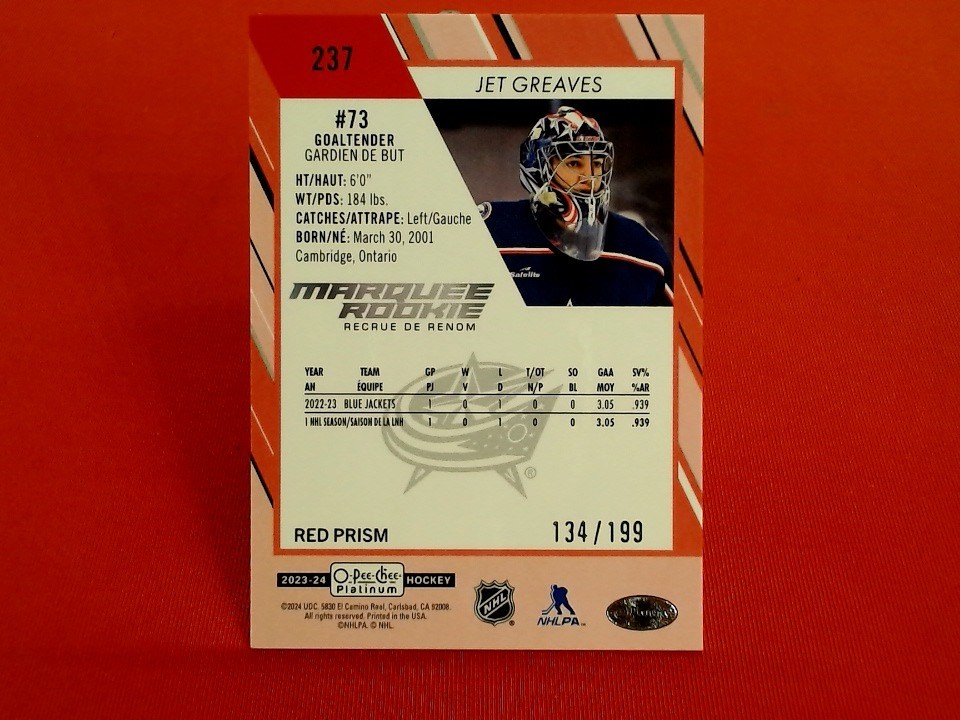 2023-24 O-Pee-Chee Platinum Jet Greaves Red Prism Marquee Rookie 134/ ...