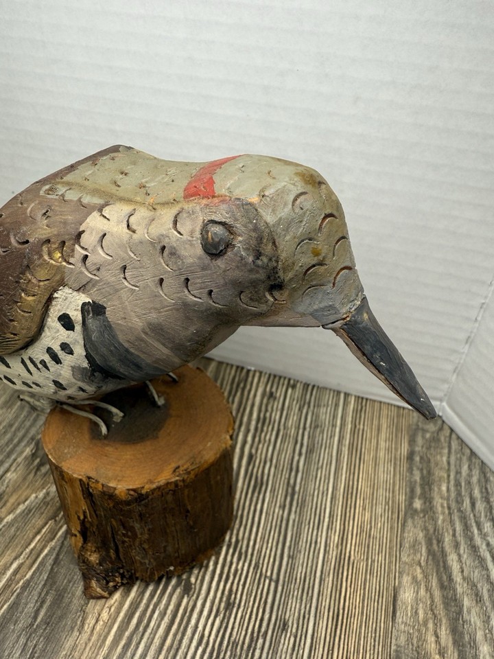 Hand Carved Painted Northern Flicker Bird On A Log Artist Signed | eBay