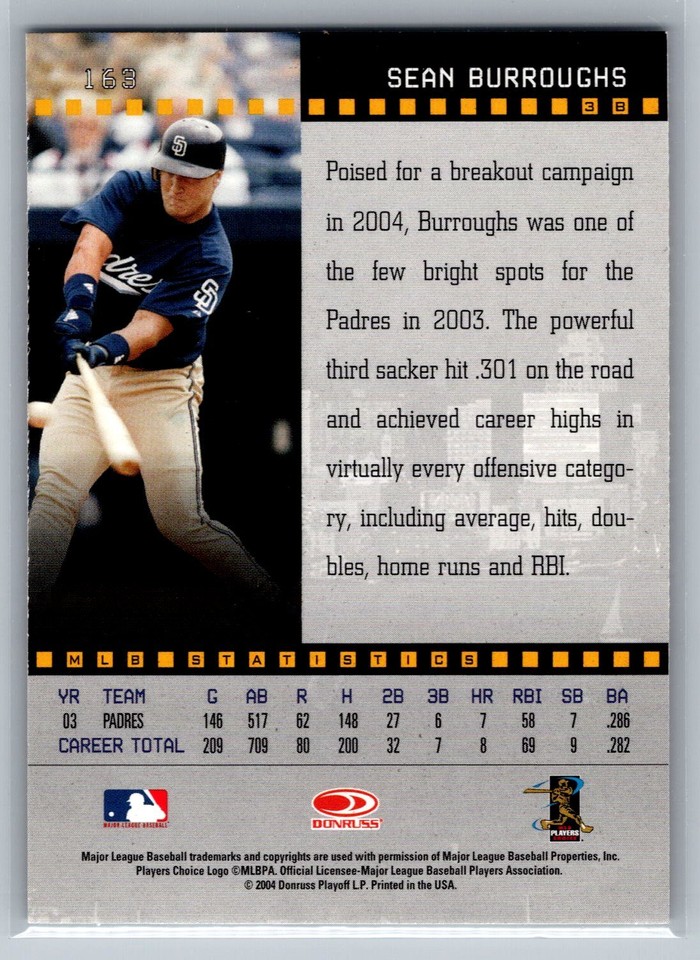 Sean Burroughs 2004 Donruss Studio BASEBALL #163 San Diego Padres | eBay