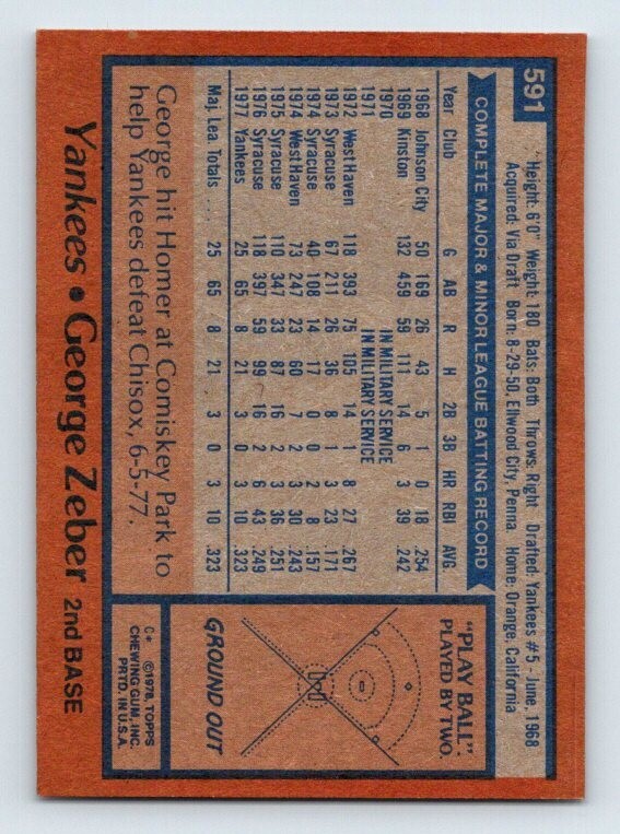 GEORGE ZEBER New York Yankees 1978 Topps Baseball Card B182 | eBay