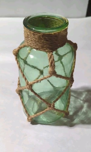 RUSTIC NAUTICAL ROPE FLOWER GREEN GLASS VASE JAR 7" | eBay