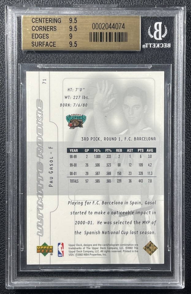 PAU GASOL BGS 9.5 2001-02 UPPER DECK ULTIMATE COLL #71 ROOKIE 175/250 ...