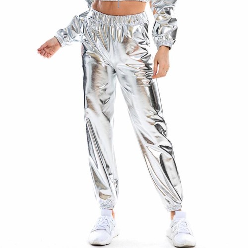 Women Shiny Holographic Pants Loose Metallic Trousers Dance Streetwear ...