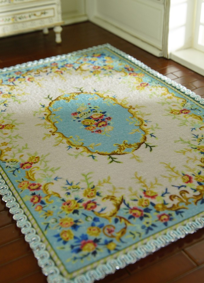 Miniature 1/12 Scale Beautiful Nice Floral Roses Bouquet Rug Light Blue ...