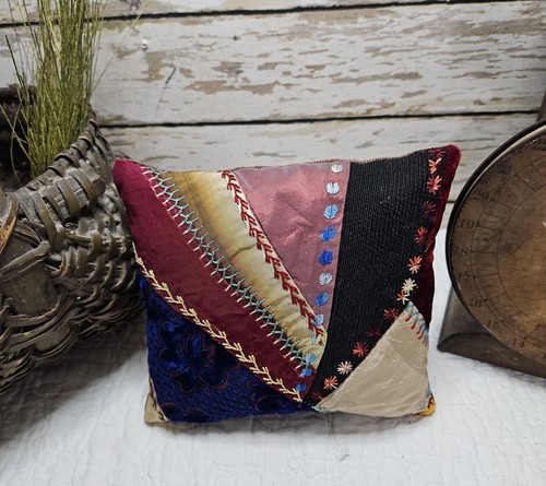 Antique Crazy Quilt Pillow Stunning Colors and Embroidered Stitching | eBay