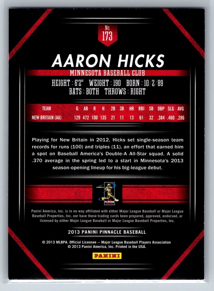 2013 Pinnacle Aaron Hicks Rookie Minnesota Twins RC #173 | eBay