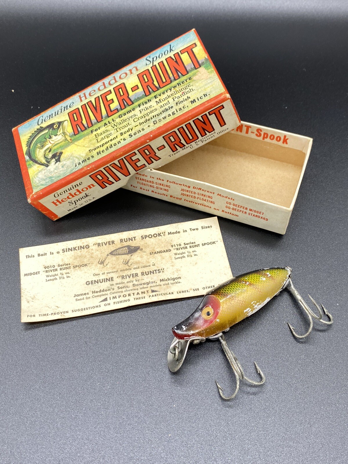 VINTAGE HEDDON SPOOK MIDGET RIVER RUNT FISHING LURE w/ 9010 XSK BOX ...