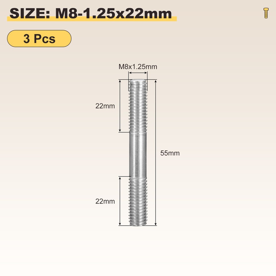 Double End Threaded Stud Screw (M8 x 55mm) 3Pcs, Silver Tone | eBay