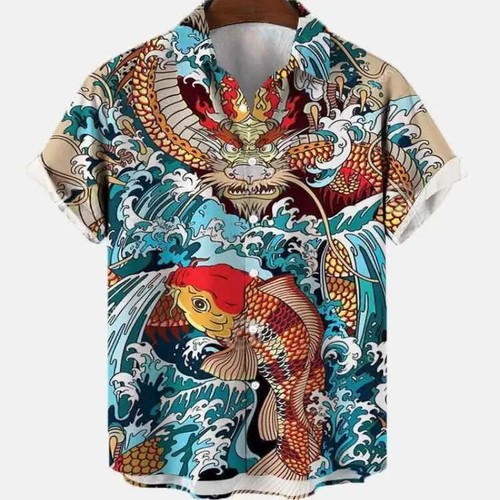 Asian Dragon Art Wave Koi Fish Print Men's Button Up Hawaiian Shirt ...