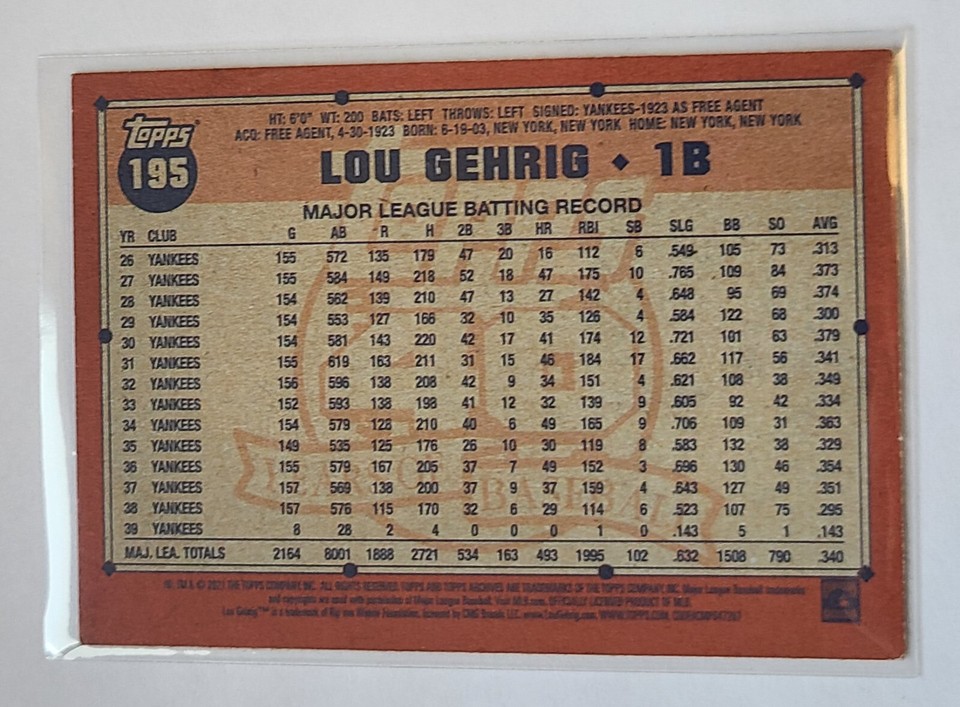 2021 Topps Archives 40th Lou Gehrig #195 Baseball Card | eBay