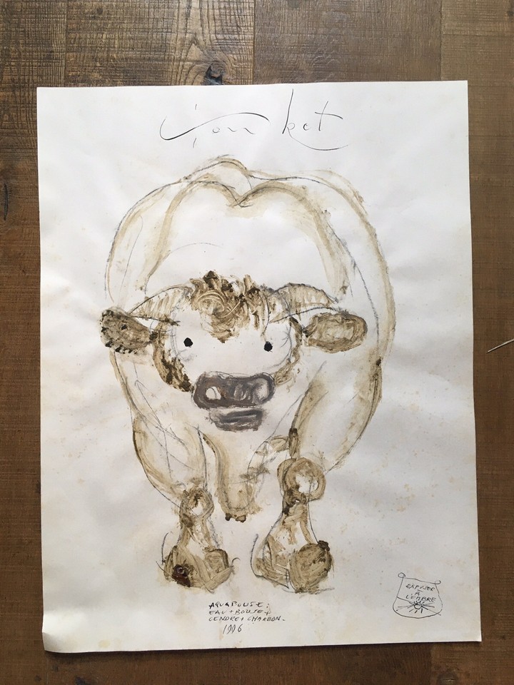 Very Nice Drawing Painting Paper Watercolour Dung Taureau Cow 1995 ...
