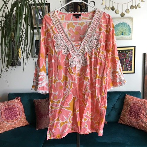 J CREW sz S Pink & Gold Floral Cotton White Lace Embellished Tunic Top ...