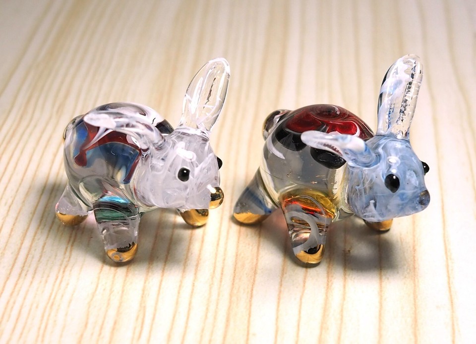 2pcs. maroon rabbit bunny figurine hand blown Glass art gild GIFT decor ...
