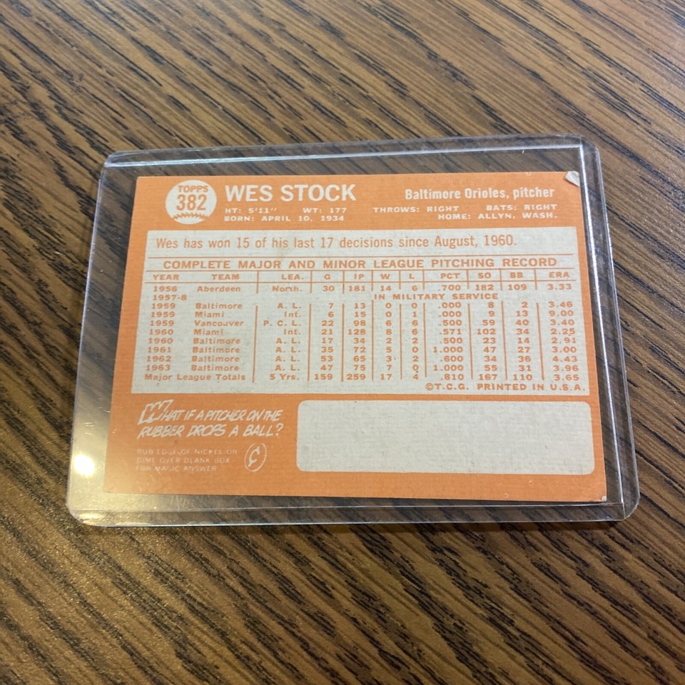 1964 Topps #382 Wes Stock Orioles D505 | eBay