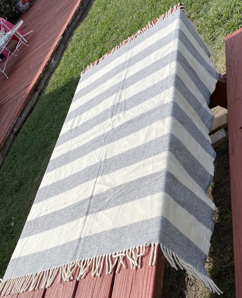 Fairbault Mill Cannon River Wool Blanket Gray Cream Handcrafted Stripe ...