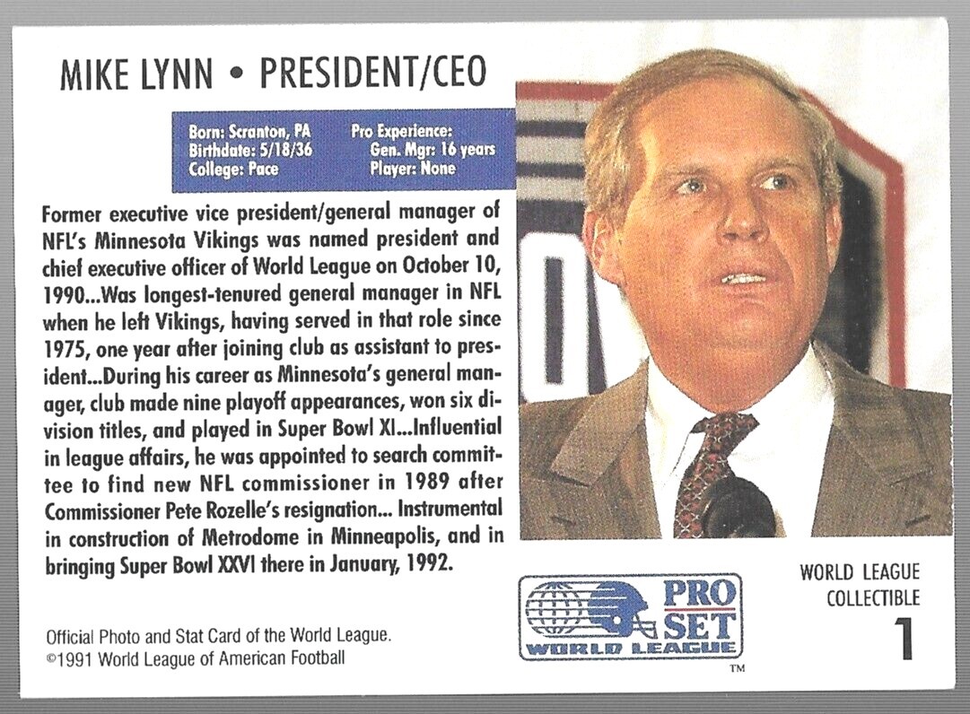 1991 Pro Set World League Mike Lynn 1 President Football Vintage | eBay