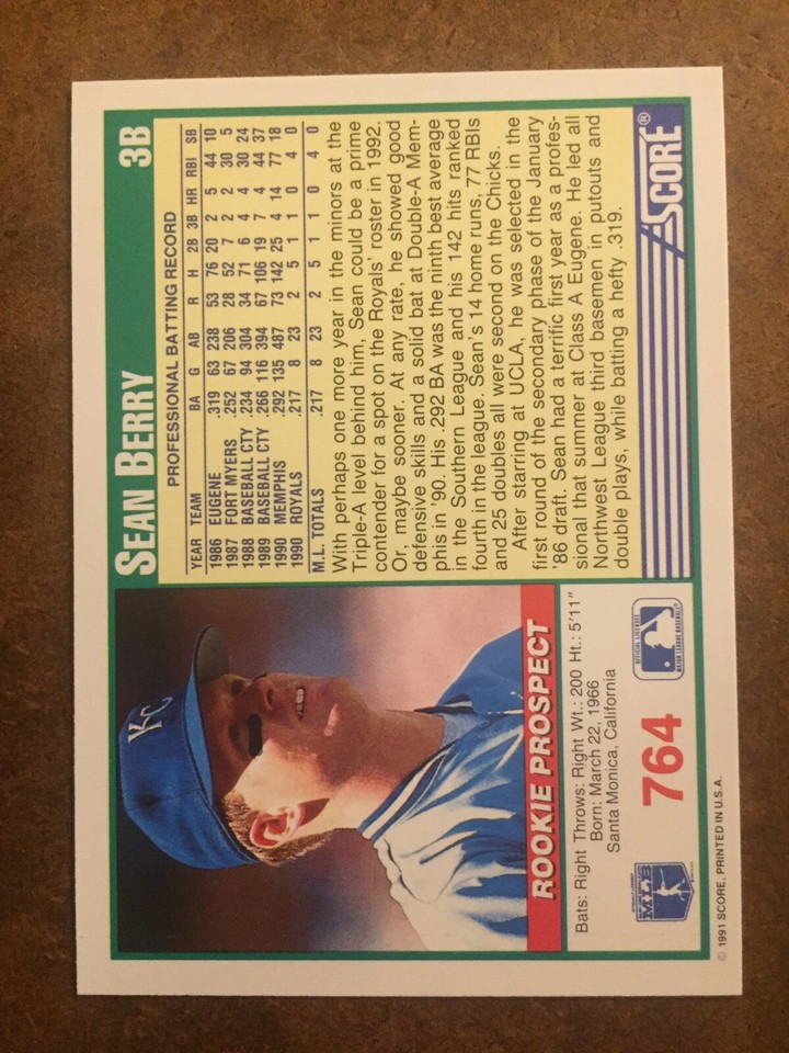 Sean Berry 764 Rookie Prospect Score 1991 MLB Baseball Trading Card | eBay