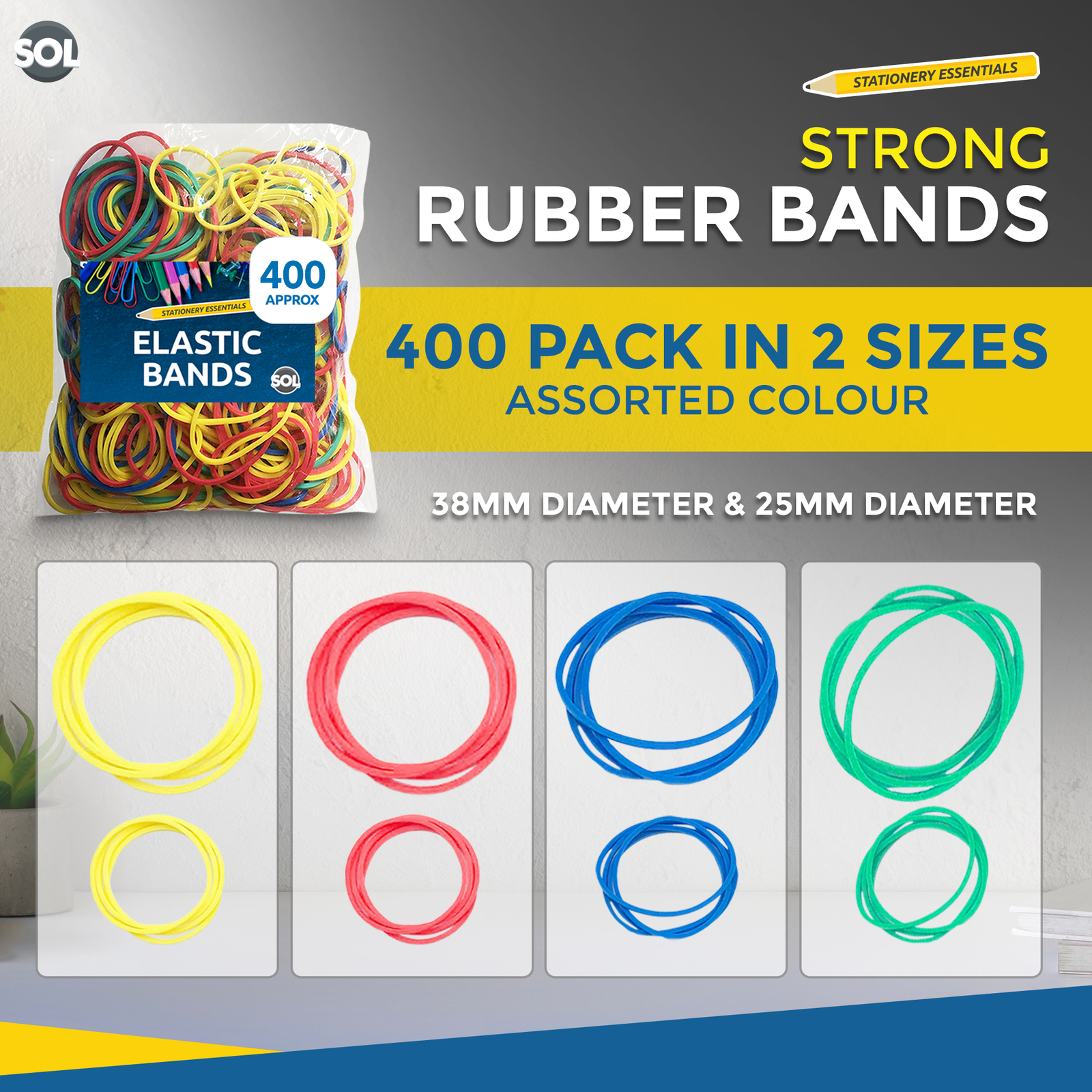 400pk Strong Elastic Rubber Bands Assorted Colours Sizes Home, School ...