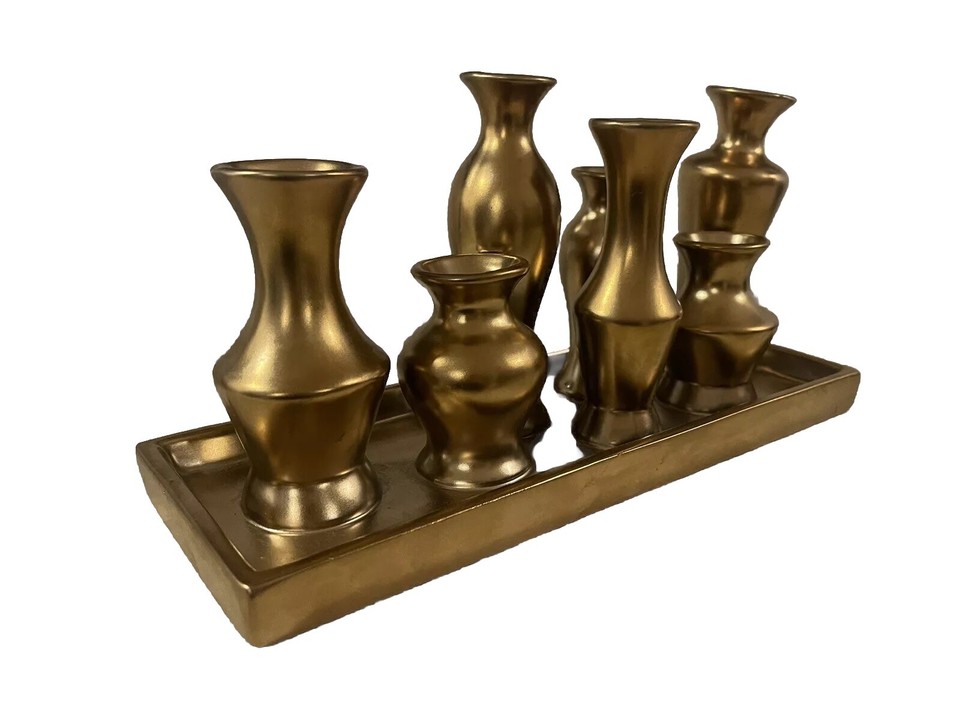 Multiple Seven Ceramic Vase Cluster, Attached to Tray Centerpiece Gold ...