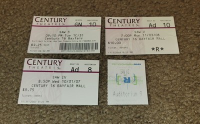Saw 3 - Saw 4 - Saw 5 & Saw 6 Movie Ticket Stubs - Century / Rave ...