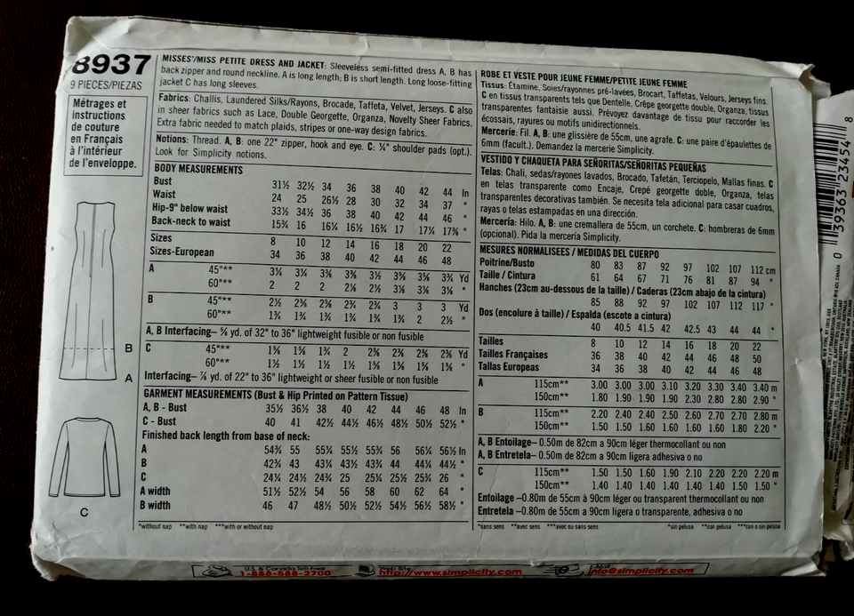 SIMPLICITY 8937 - Misses Dress & Jacket Sewing Pattern....Sizes 8-14 ...