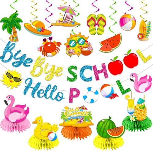 Goodbye School Hello Pool Banner Bye Party Colorful | eBay
