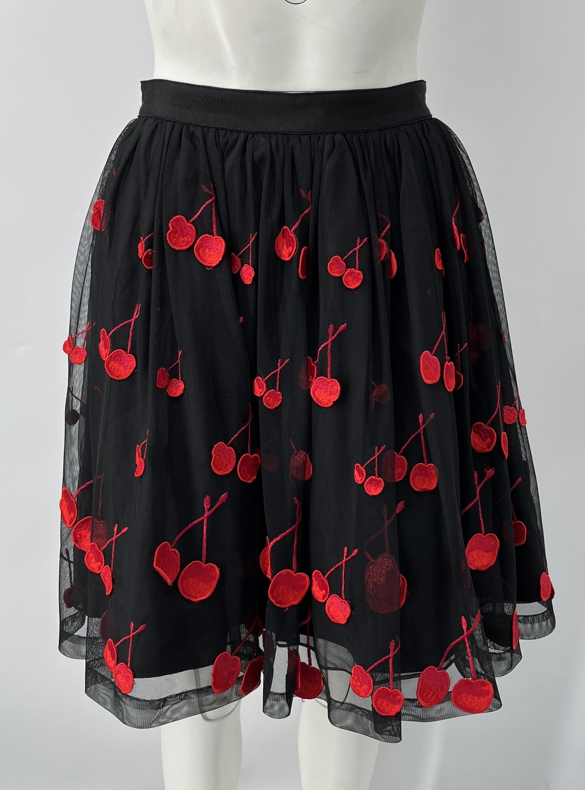 Alice+Olivia SAMPLE STAINED Black Tulle Cherry Patchw… - Gem