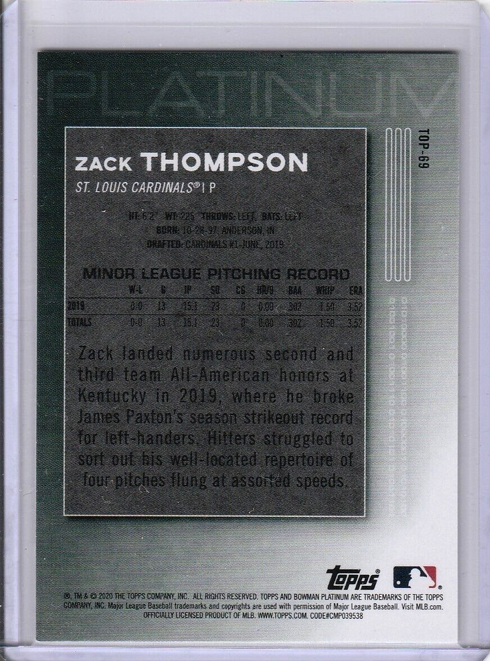 St. Louis Cardinals Zack Thompson 2020 Bowman Platinum TOP-69 | eBay