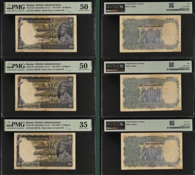 3 X Cosec Burma India Pick-2B, RARE 10 Rupees KGV5, 1937, R47 Serial ...
