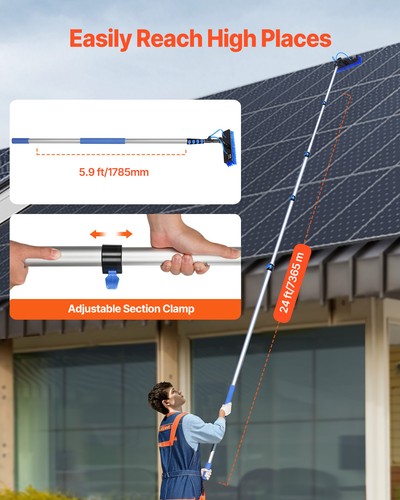 Water Fed Pole Kit 24FT Solar Panel Cleaning Pole 180° Rotatable Brush ...
