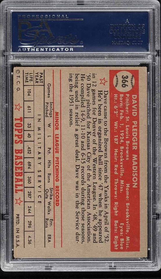 1952 Topps Baseball Dave Madison #366 PSA 2 NICELY CENTERED! HIGH ...