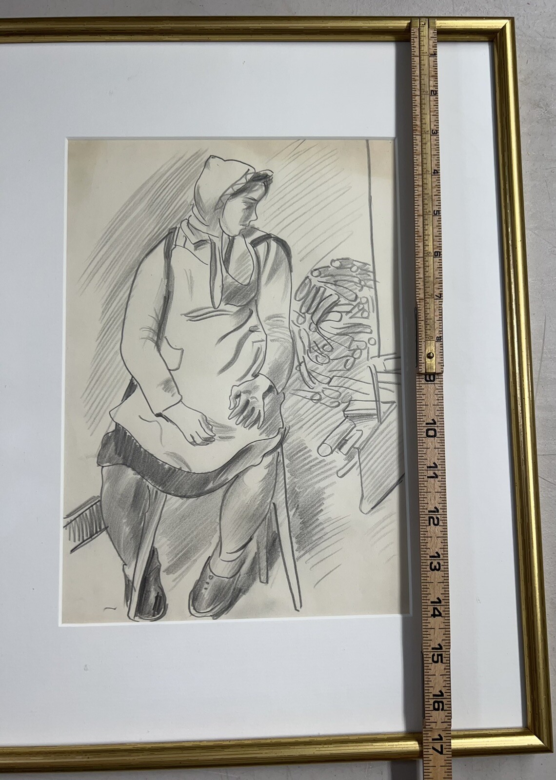 Pencil on Paper Drawing by Rita Roux of Women Sitting On Chair Framed ...