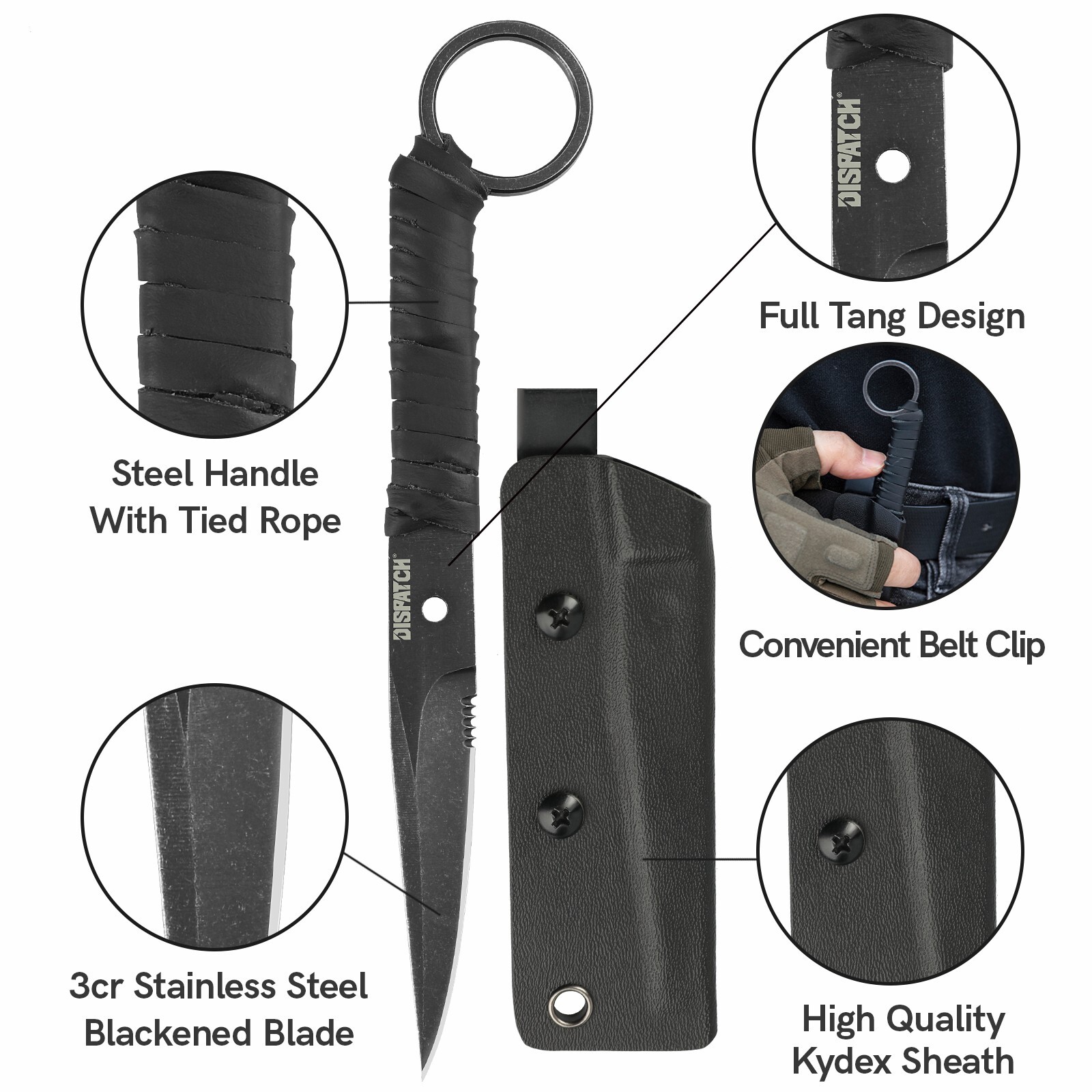 7" Tactical Knife FIXED BLADE KNIFE w/ Kydex Sheath Ring Design Unti ...