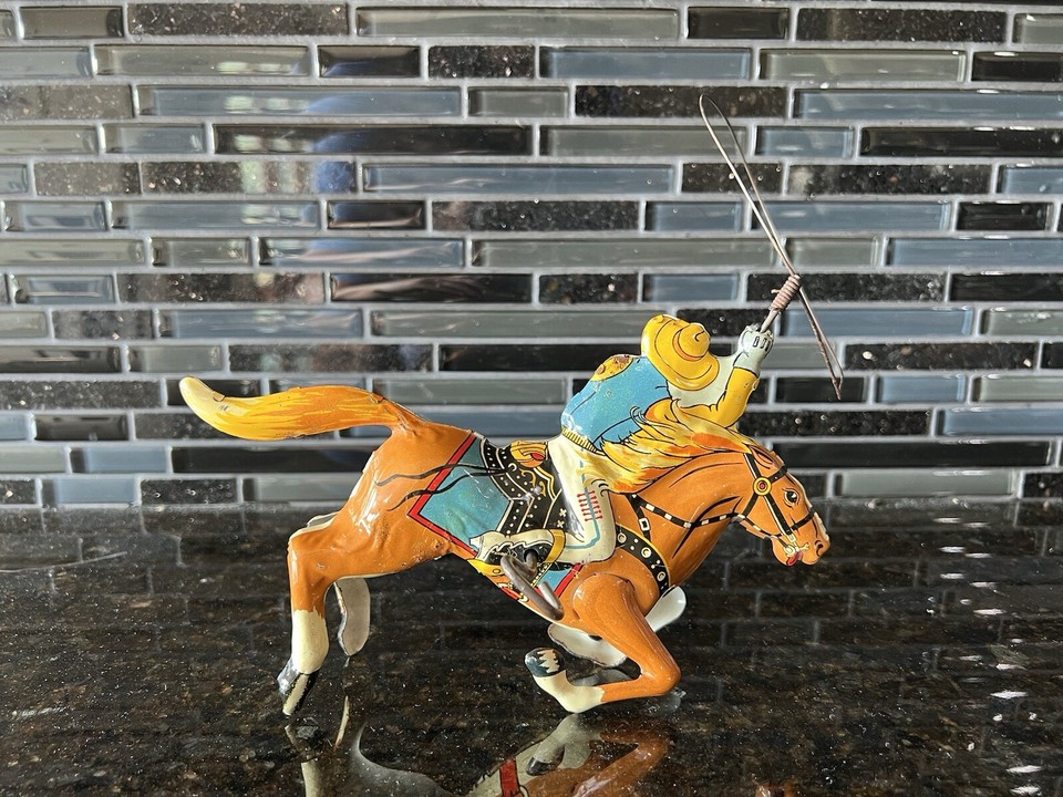 Vintage 1930s Marx Tin Wind-Up Toy Roping Rodeo Cowboy Riding Horse ...