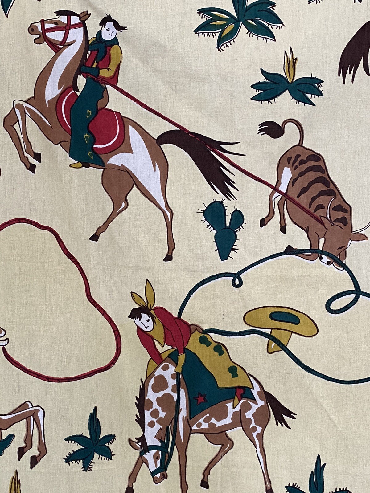 VTG LARGE SCALE NOVELTY RODEO HANDPRINT DECOR FABRIC WESTERN COWBOY ...