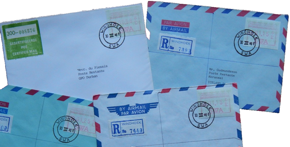 SÜDWESTAFRIKA SWA: Sammlung Briefe / FDC mit SFS ATM FRAMA label, MN 1 ...