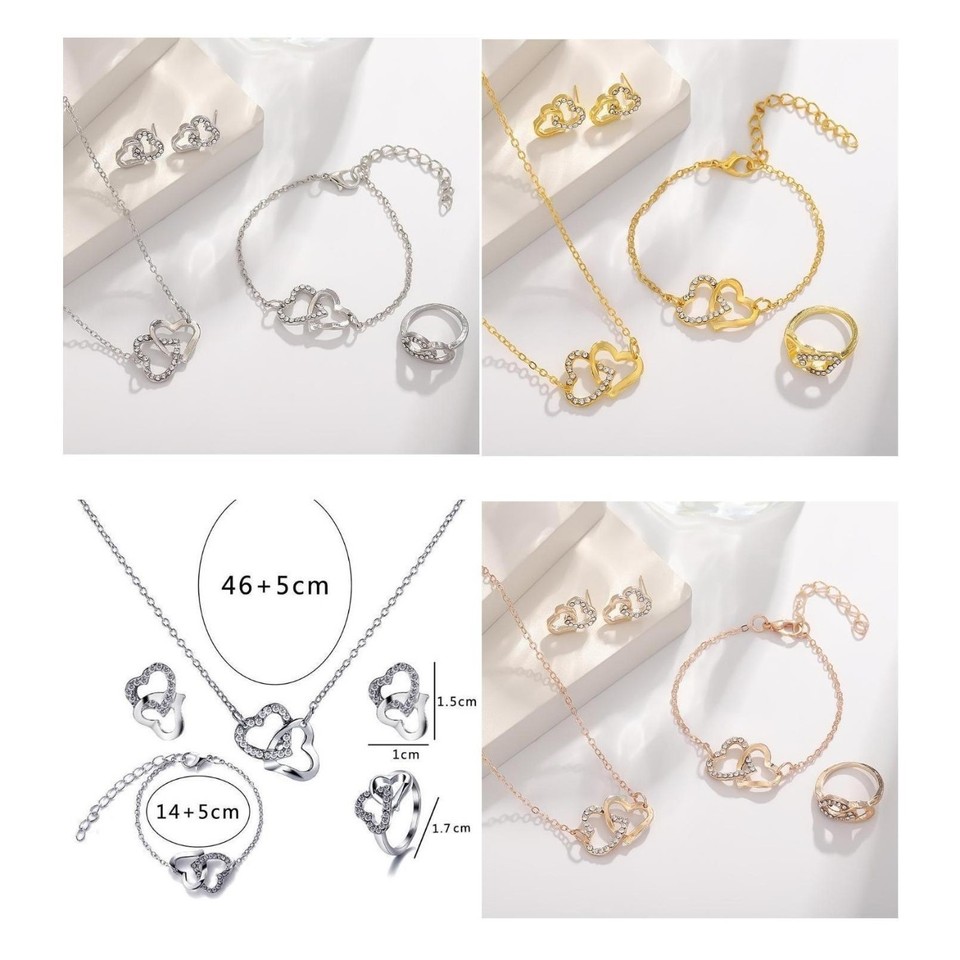 4 Piece Rhinestone Heart Jewelry Set for Necklaces Bracelets Earrings ...