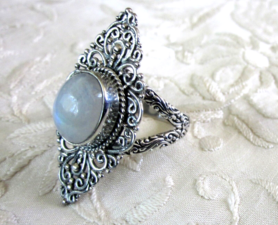 Rainbow Moonstone Filigree Ring / size 7 / 925 Sterling Silver / 4.75ct ...
