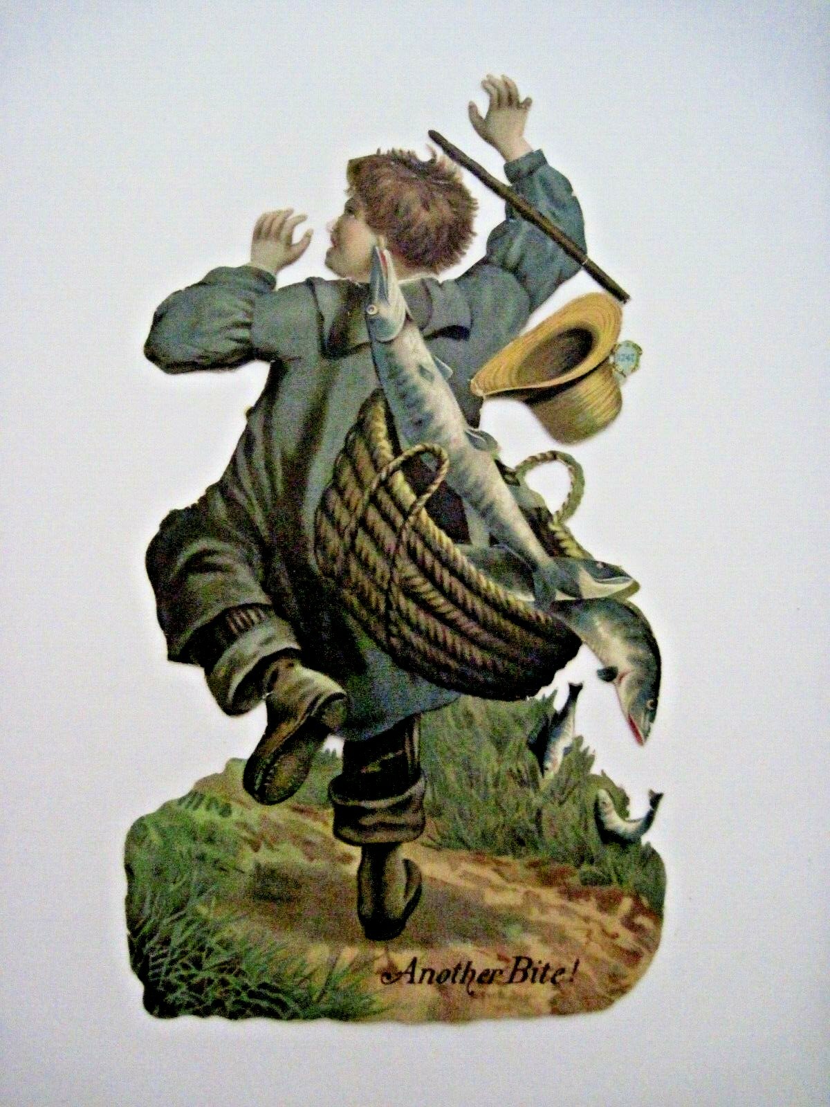 Vintage Die Cut of Boy Carrying Fish Basket & Fish Biting Boy's Ear ...