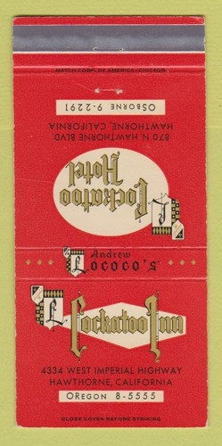 Matchbook Cover - Cockatoo Hotel Hawthorne CA 30 Strike | eBay Australia