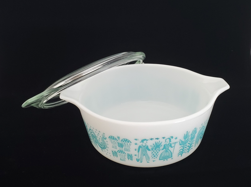 VTG AMISH BUTTER ROOSTER TURQUOIS PRINT PYREX DISH #0503 / 0502 / 501 B ...