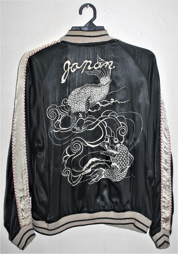 VINTAGE SUKAJAN CROPPED HEAD KOI FISH EMBROIDERY JAPAN SOUVENIR RAYON ...