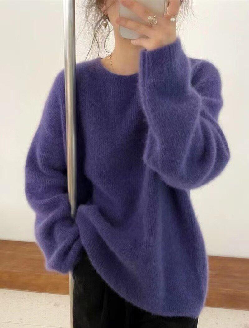Women Autumn Winter Warm Solid Color Youth Round Neck Casual Loose Knit ...
