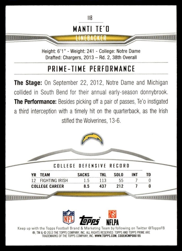2013 Topps Prime Manti Te'o Rookie San Diego Chargers #118 | eBay UK