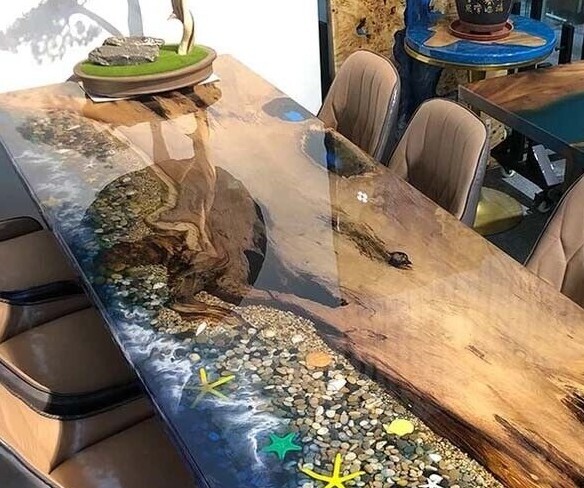 Blue Epoxy with Ocean River Table Handmade Furniture Acacia Wood Dine ...